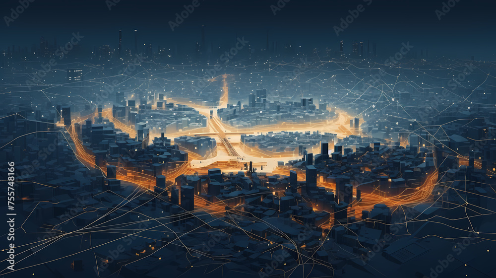 City plan with glowing city map and infrastructure grid, city map ...