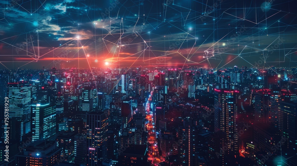 A futuristic city networked with fiber optic cables, enabling ultra ...