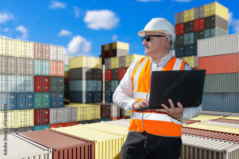 Man stands near container site. Logistician at seaport with laptop in ...