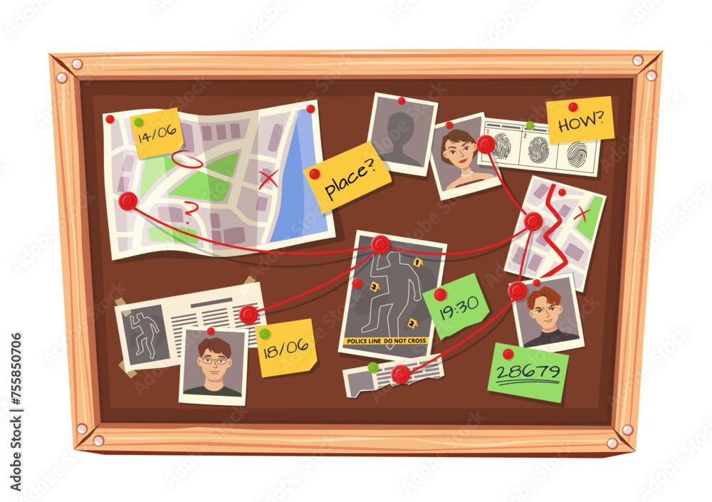 Detective board. Mystery investigation cork board with clues, marked ...