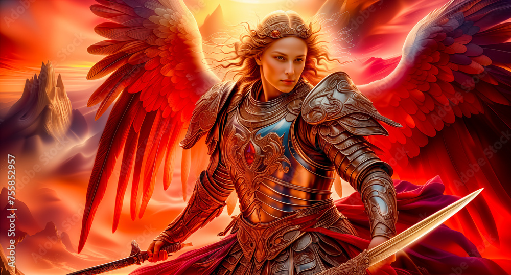 Stock-Illustration „Archangel Michael with a sword and wings. Saint Michael the angel. dramatic ...