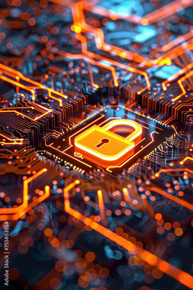 Orange glowing digital lock icon on a dark background with a circuit ...