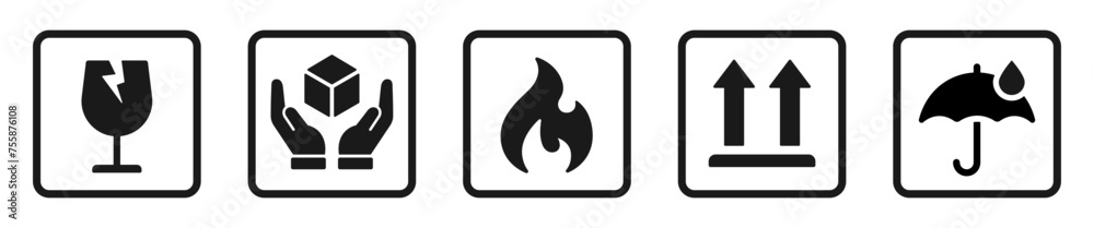 Packing symbol set. Fragile, handle with care, flammable, upward, keep ...