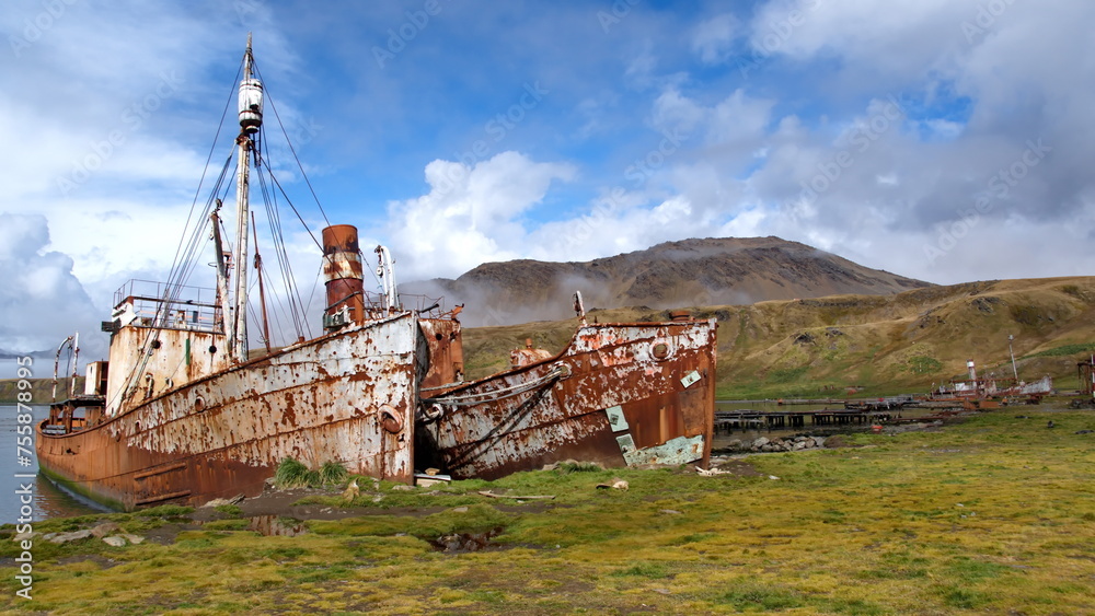 Old, rusted whaling ships at the old whaling station at Grytviken ...