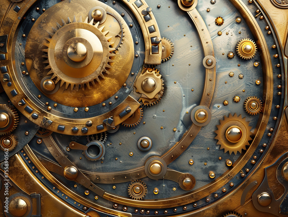 clock background, generative, ai, machine, mechanical, blue, gold, gear ...