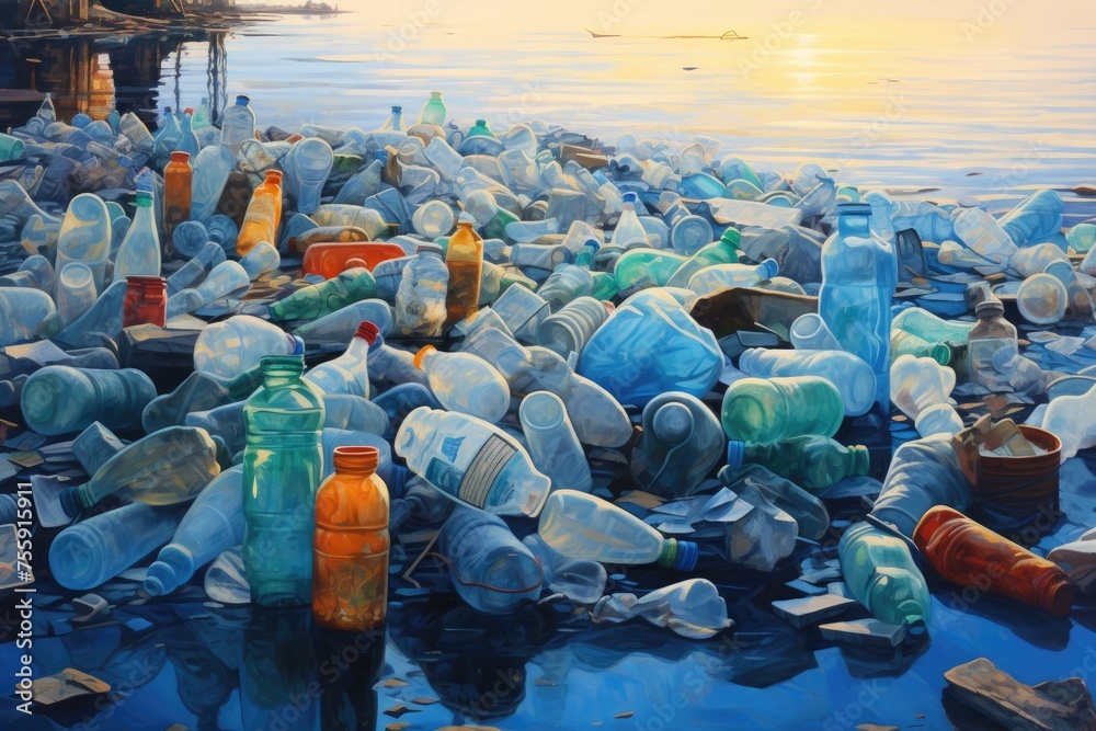 Sea of plastic bottles and containers luminescent under the golden ...