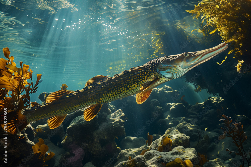 Alligator gar in the sea, Atractosteus spatula, Alligator gar full body ...