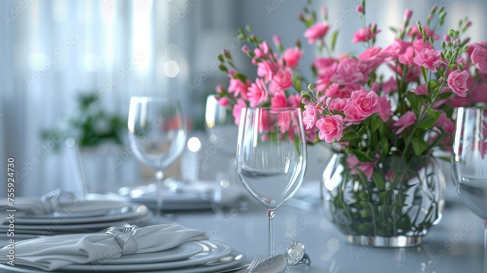 diffused light illuminates the table setting, highlighting the delicate ...