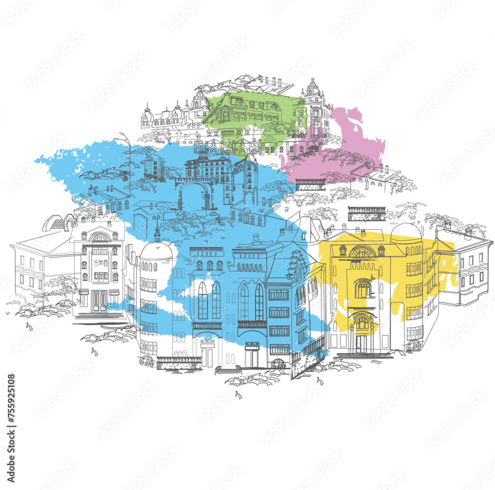 Series of street views in the old city. Hand drawn vector architectural ...