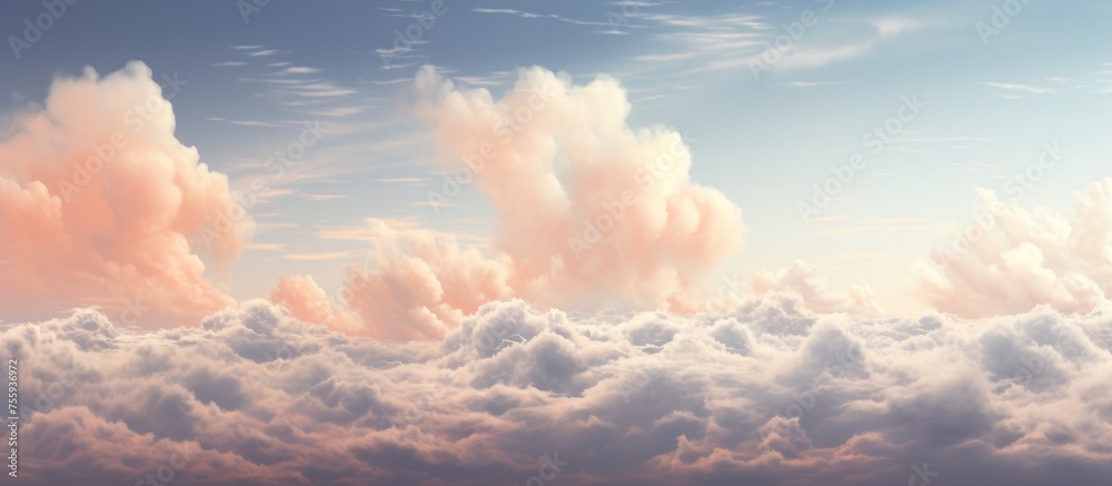A sky filled with fluffy cumulus clouds, creating a dramatic natural ...