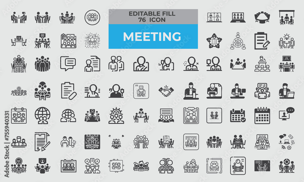 76 Fill Icon for meeting web set in fill style. Business training ...