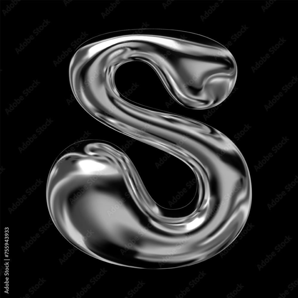 3D chrome number 5, numeral Five, liquid metal with a glossy and ...