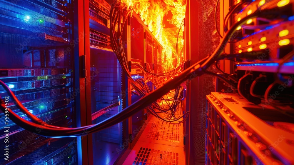 Data center with fire hazard scenario - A tense scene of a server room ...