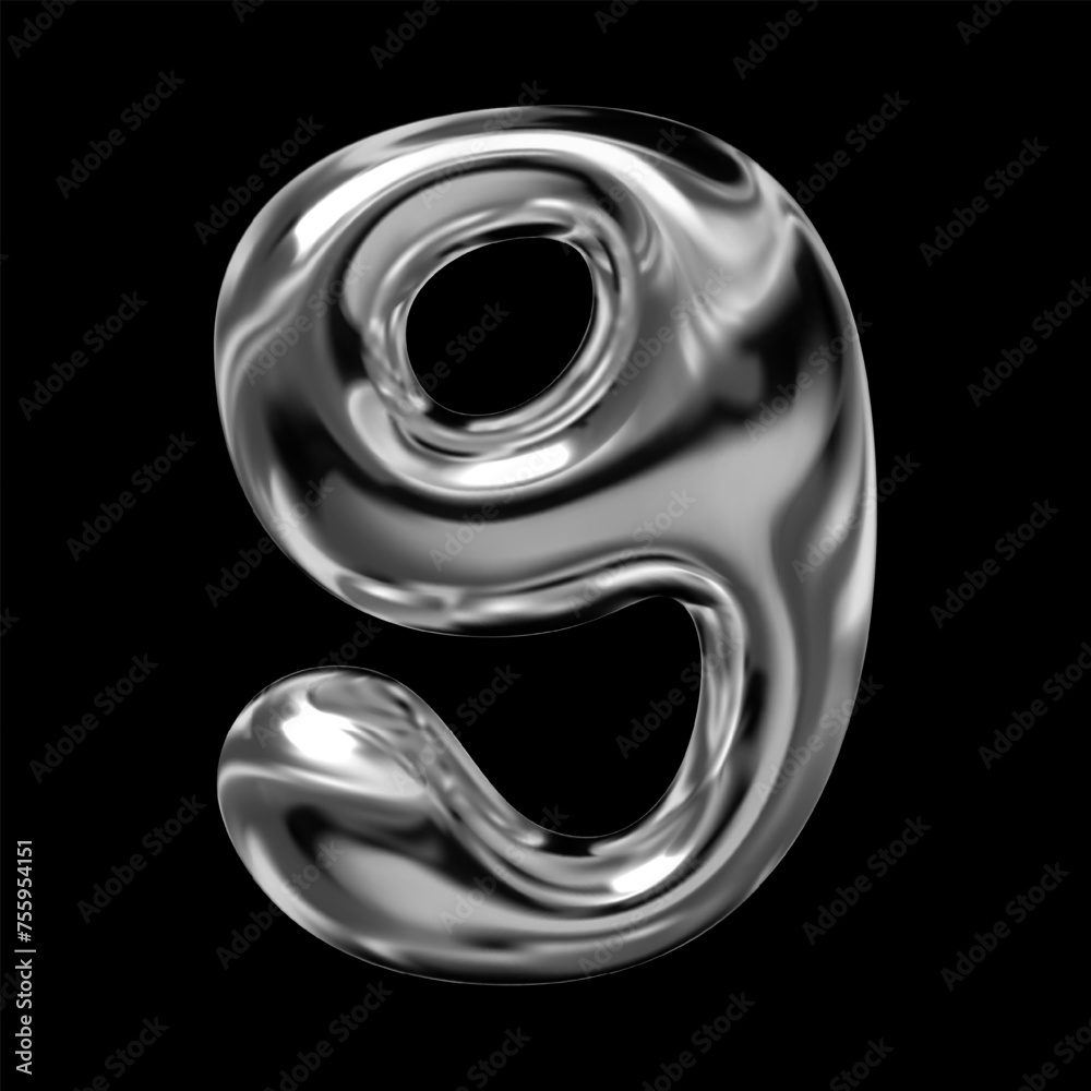 3D chrome number 9, numeral Nine, liquid metal with glossy, metallic ...