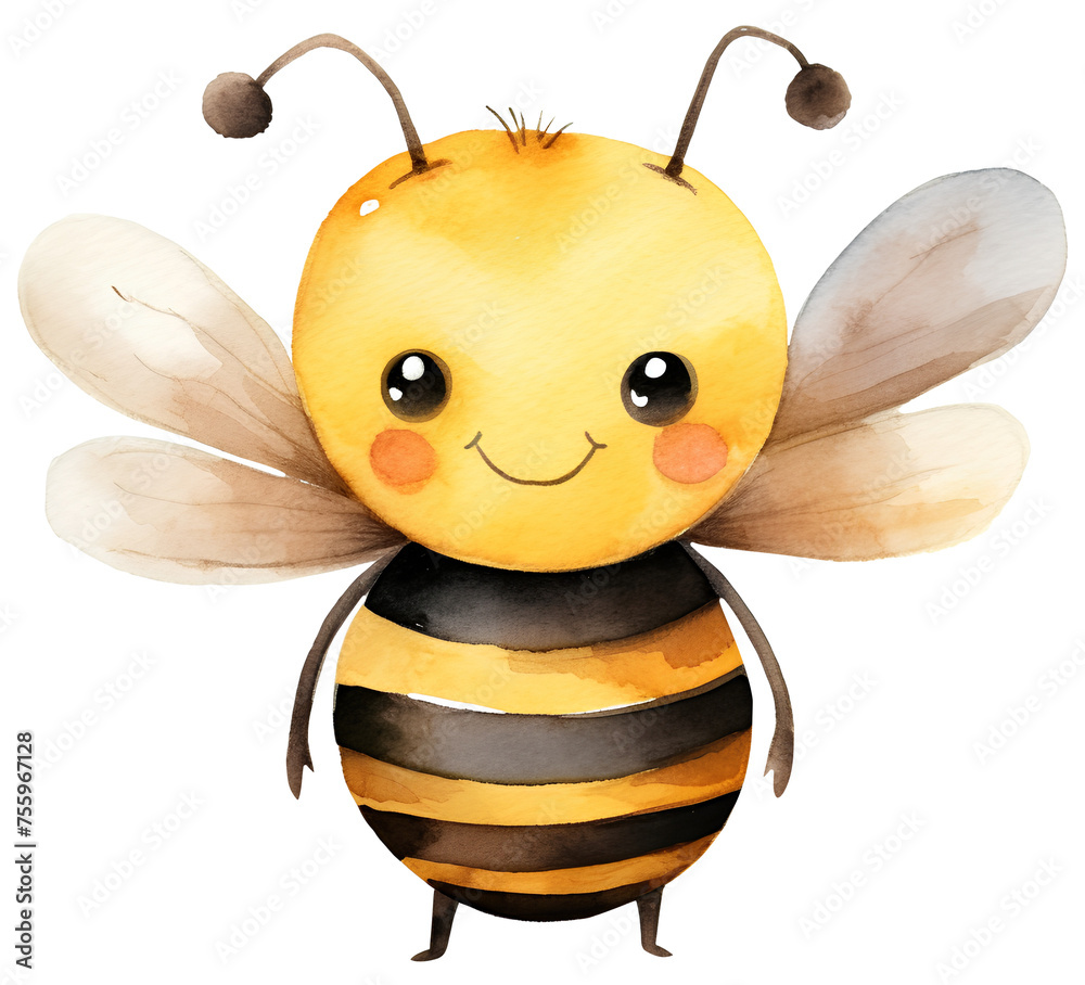 Watercolor illustration of a cartoon bee, bumblebee, wasp. Naive simple ...