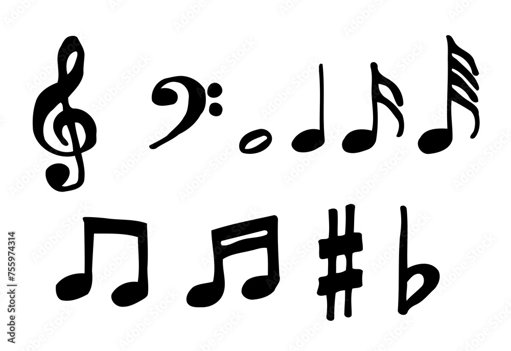 Isolated set of ten base music icons and symbols, handdrawn: treble ...