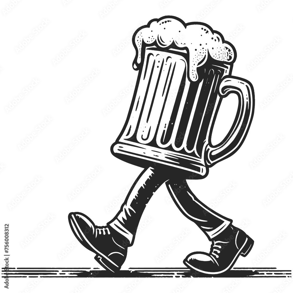 walking animated beer mug with a cheerful face, in a vintage black and ...