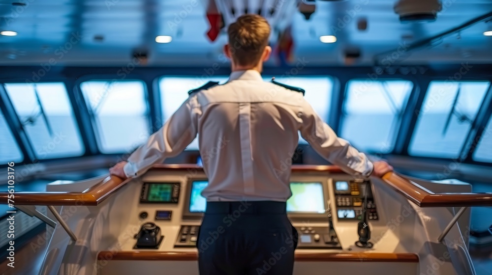 Navigation officer on watch in captain s bridge of cruise ship during ...