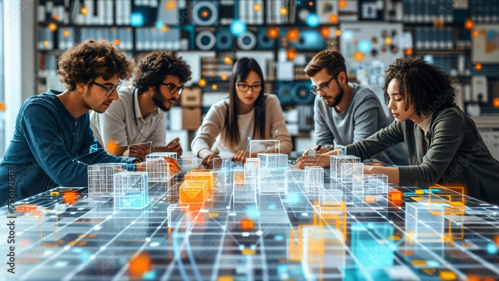 Pricing strategies brainstorming, team around a digital table with ...