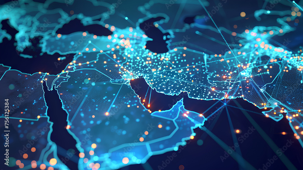 Abstract map of Saudi Arabia, Middle East and North Africa, concept of ...