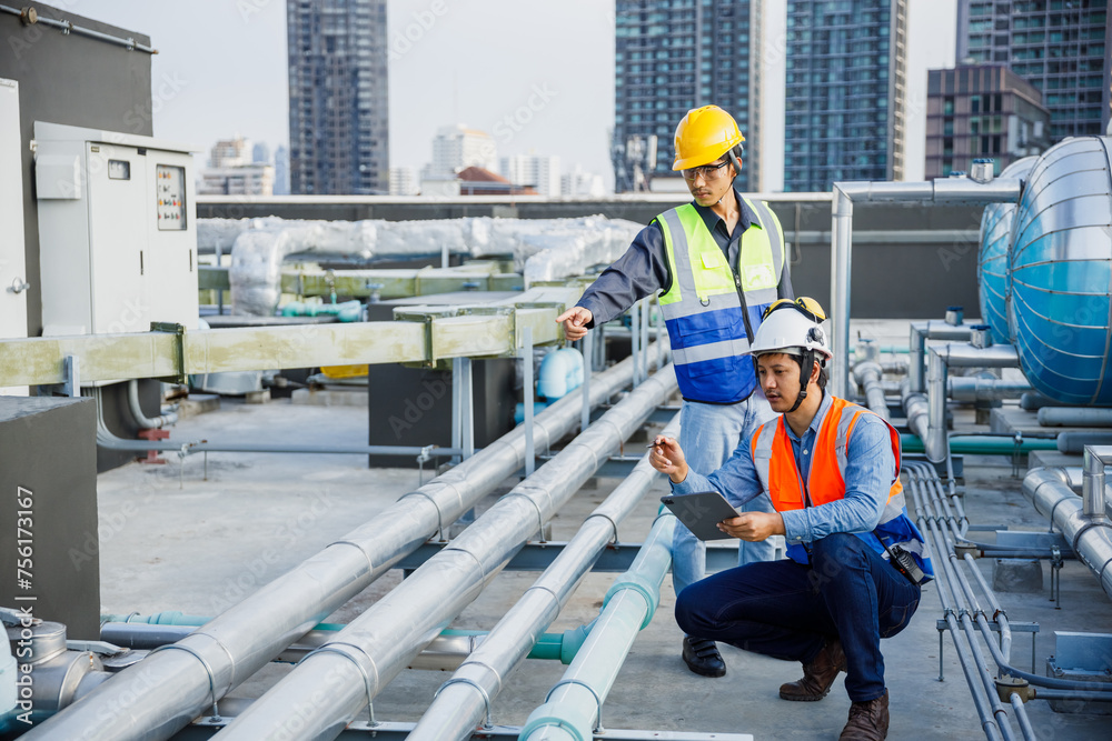 Asian man engineer holding tablet working at rooftop building ...