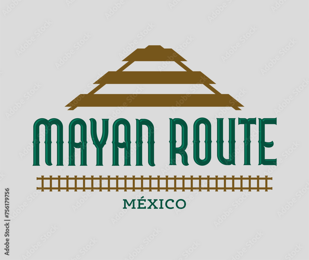 Mayan Route Mexico, piramid and Train lines destination emblem Stock ...