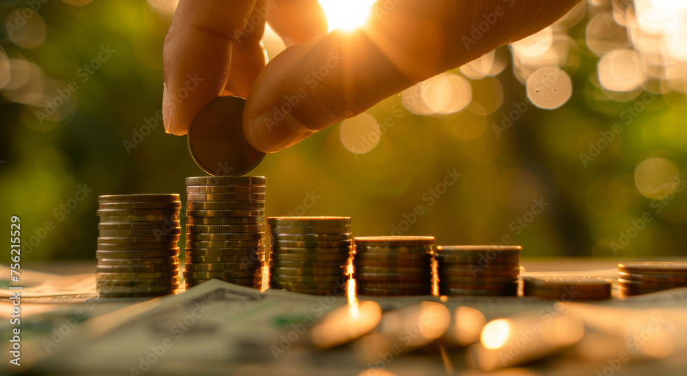 Hand, coins and finance background design for business, economy and ...