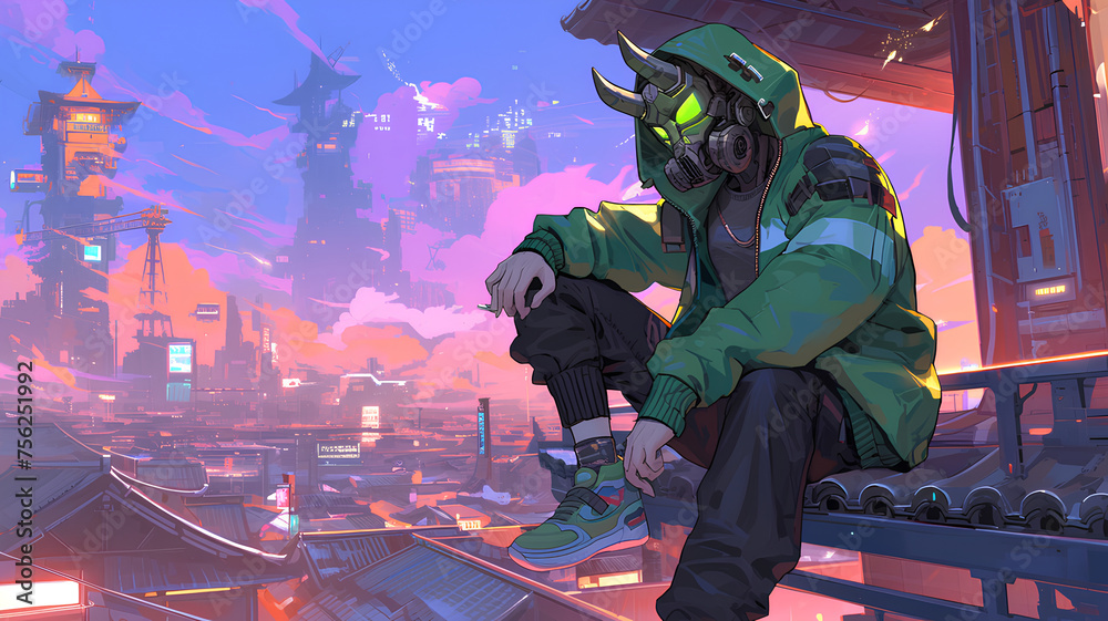 ภาพประกอบ Stock Oni green mask sign pose cyberpunk anime boy head ...