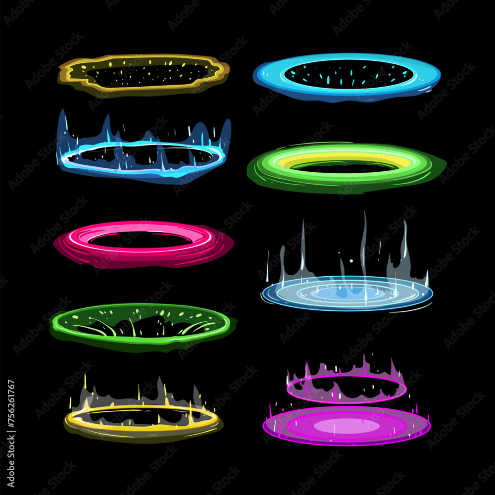 portal vfx set cartoon. magic green, fantasy lightspeed, hyperspace ...