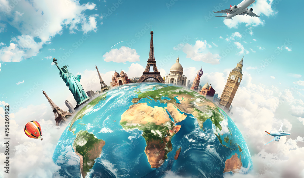 Illustration of a trip around the world, featuring famous landmarks on ...