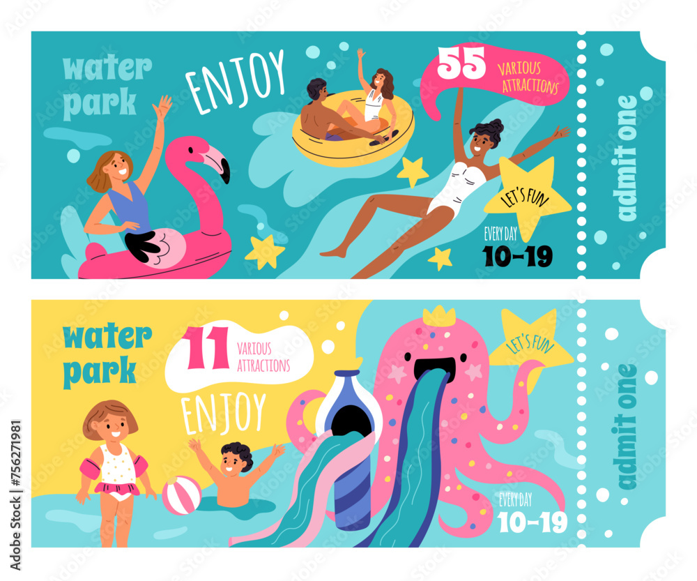Water park tickets. Beach and pool party. Colored aqua slides. Fids and ...