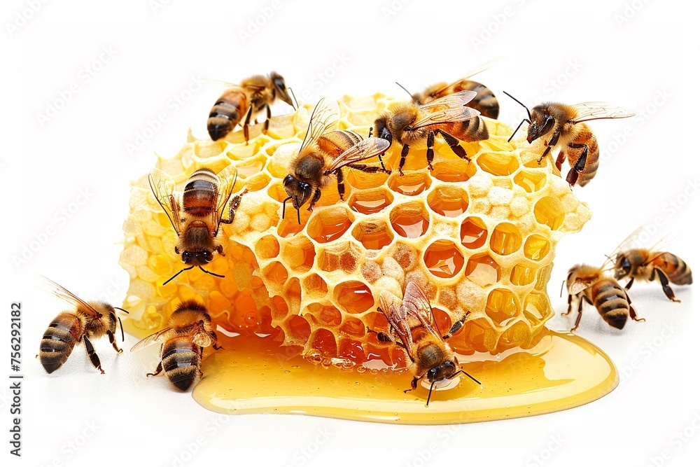 Honey bees busily at work on a golden honeycomb dripping with fresh ...