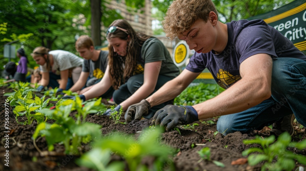 Group of people planting in a community garden, with a banner reading ...