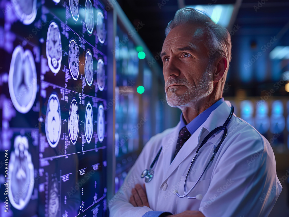 Middle-aged neurosurgeon, examines brain scans, checks on recovery ...