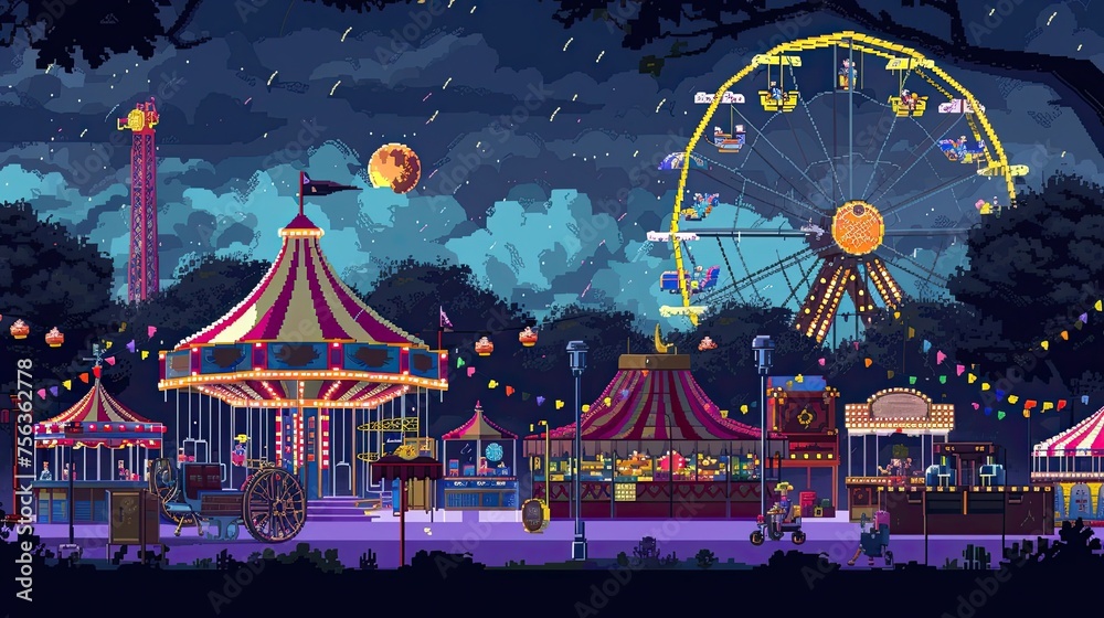 Pixel amusement park. Style, extreme, carousel, roller coaster, Ferris ...
