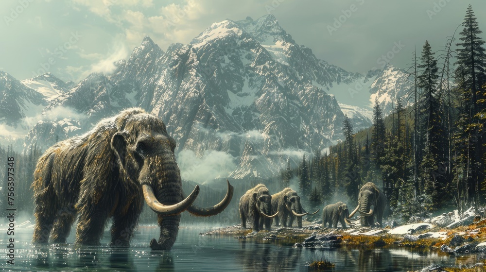 Illustration Stock Ancient extinct animals walk around during Ice Age. Family of woolly mammoths ...