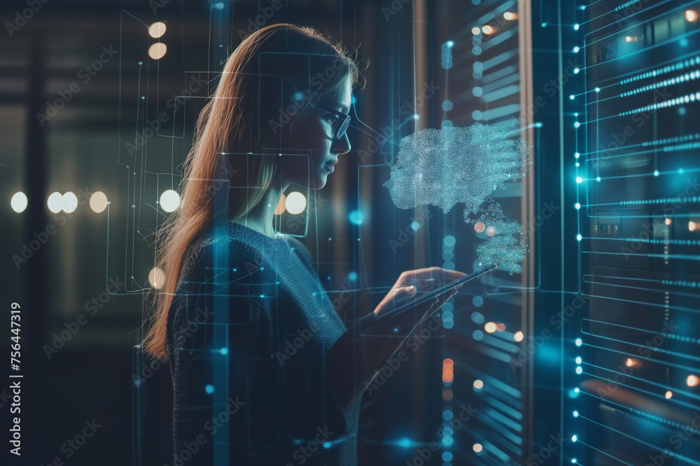 AI data science digital technology concept. Computer programmer using digital tablet with AI ...