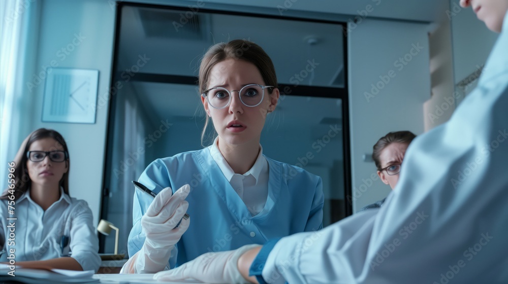 Female doctors wearing blue surgical overalls, smiling as they work and ...