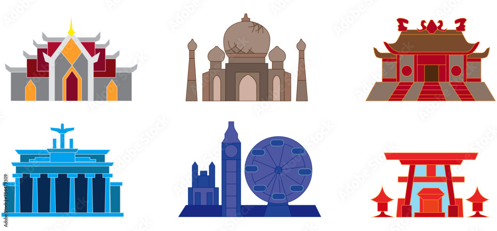 landmark line drawings of significant locations in several nations ...