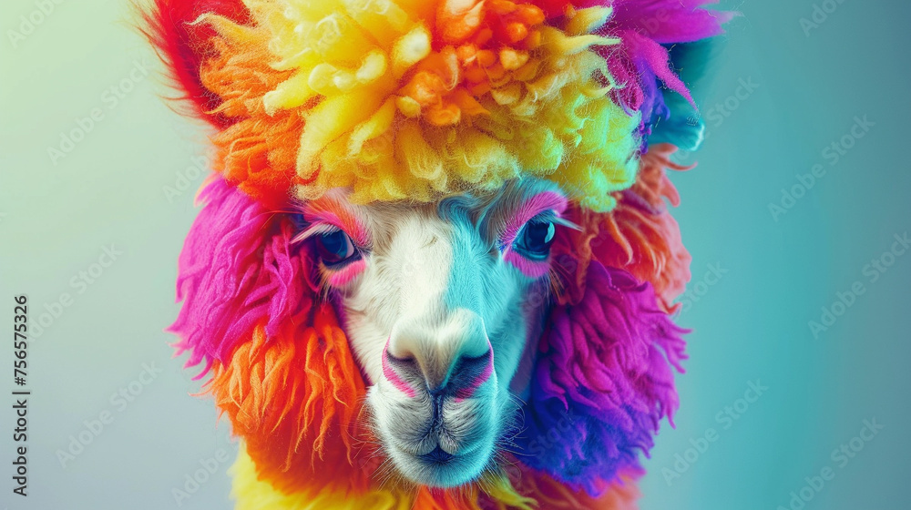 King of alpacas, clown on the head , skin make of rainbow , protrait ...