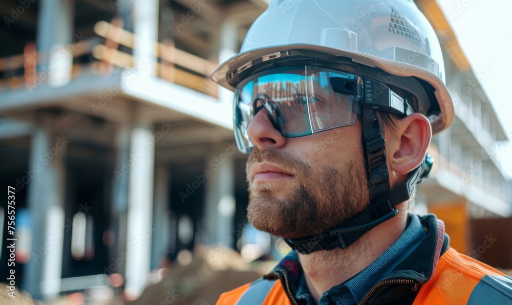 A construction engineer wearing a helmet and safety goggles, checking ...