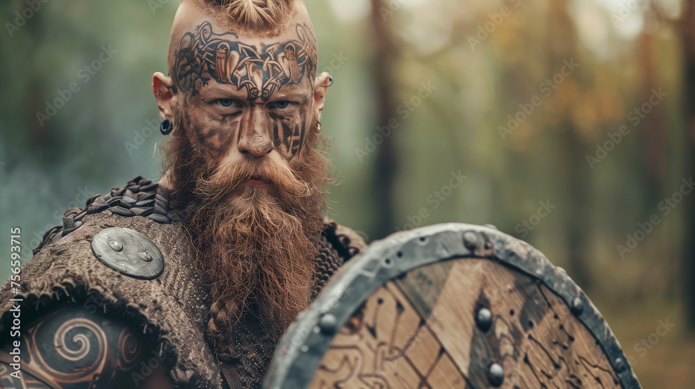 Furious Medieval man viking warrior with tattoo on skin holding axe and ...