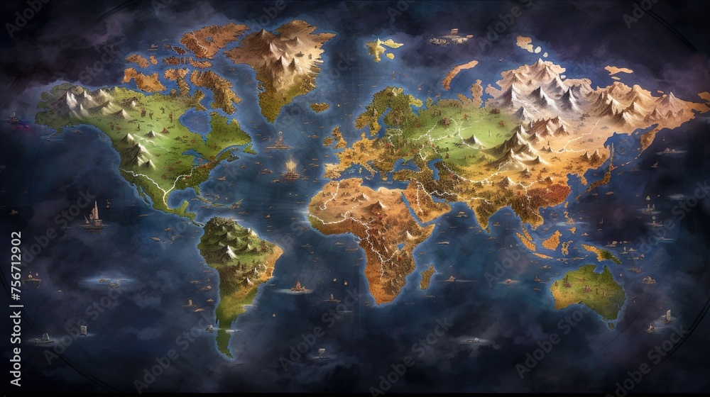 World map, Earth flat view. Detailed World physical map in satellite ...
