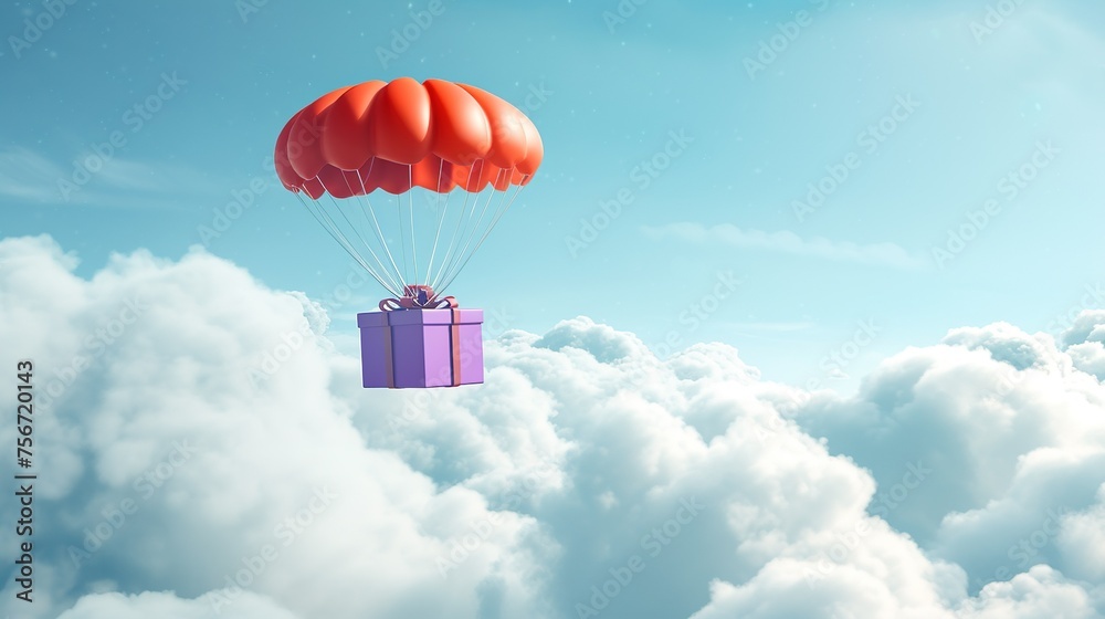 Cute cartoon parachute carrying a purple gift box through fluffy clouds ...