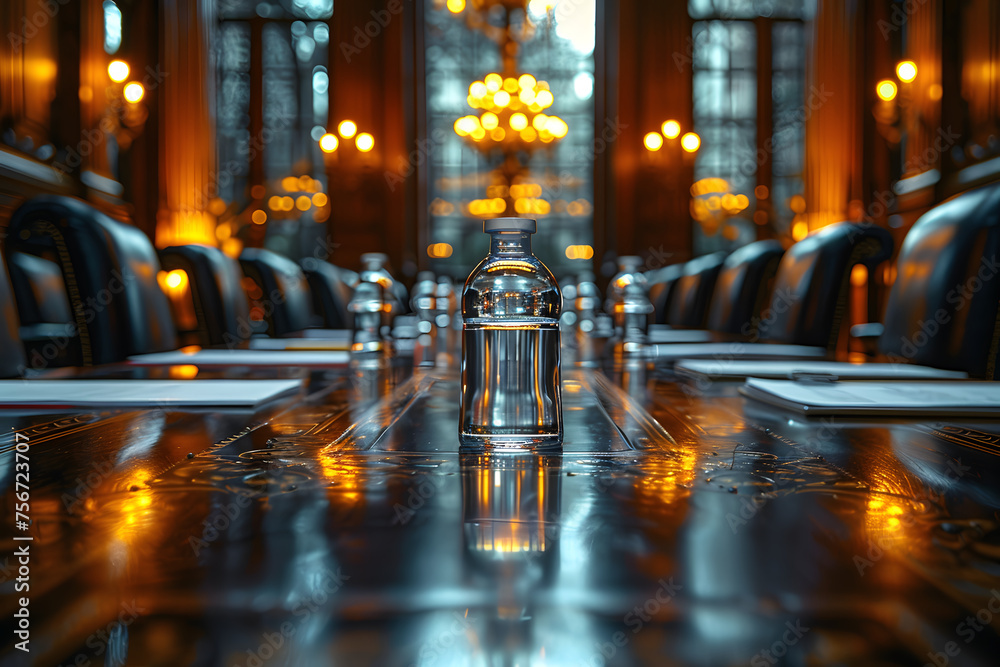 Conference table setup with bottled water and documents. Indoor ...