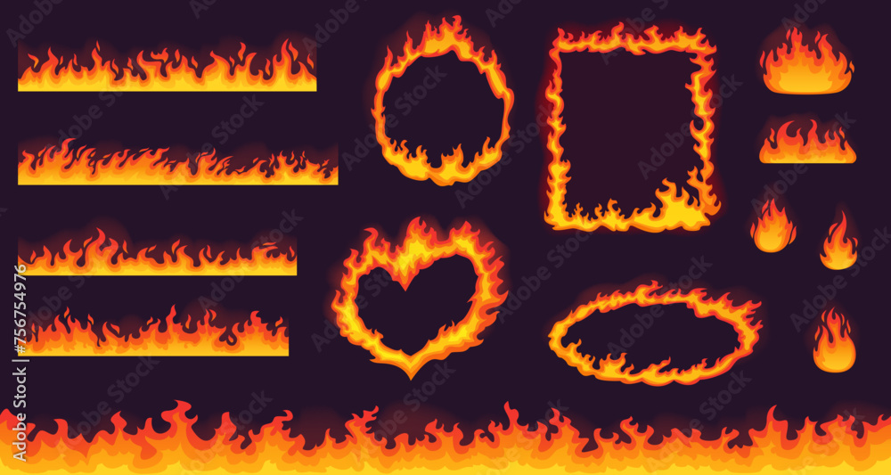 Cartoon fire seamless borders and frames in rectangle, circle, oval and ...
