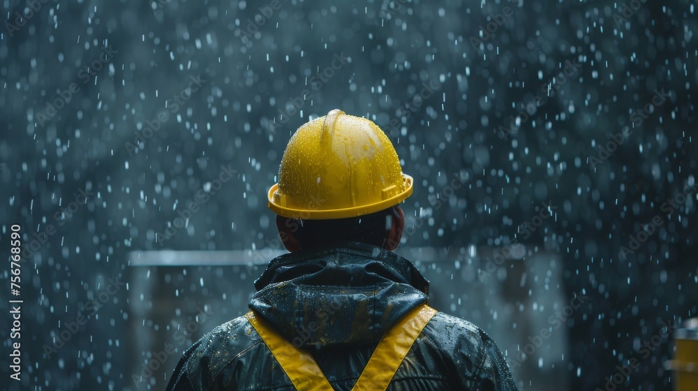 Construction worker enduring heavy rainfall at a job site. Worker in ...