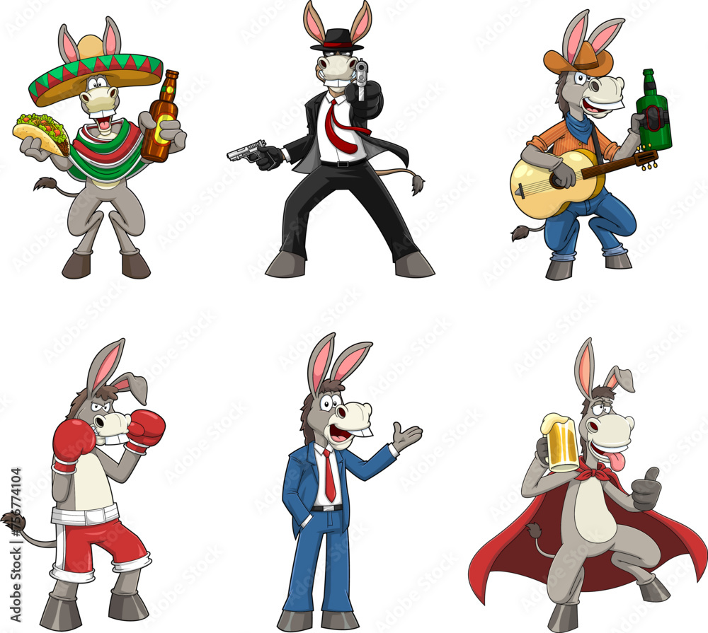 Donkey Cartoon Characters. Vector Hand Drawn Collection Set Isolated On ...