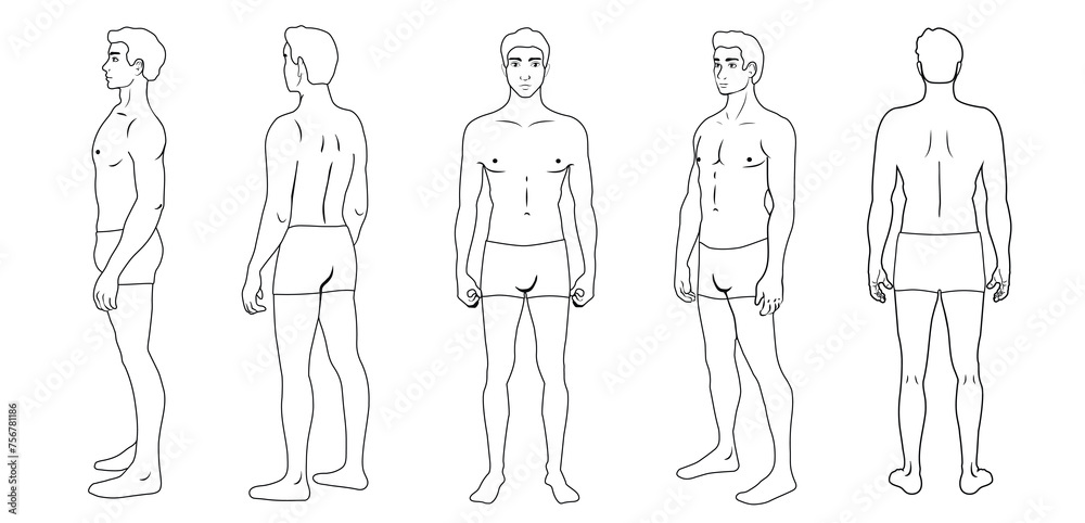 Outline anatomical body full length of a man, front, side, 3-4 and back ...