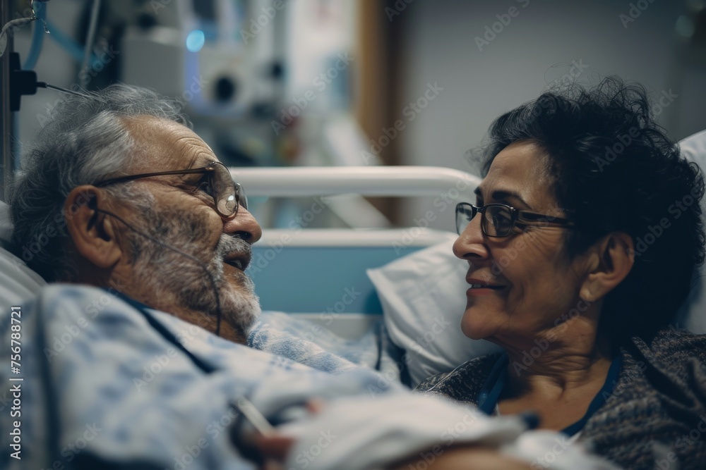 An intimate moment between an elderly couple as they hold hands in a ...